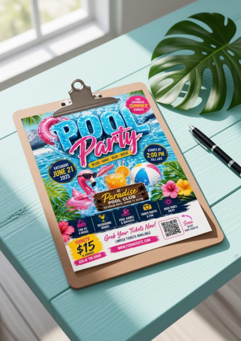 Tropical Pool Party Flyer Template, Summer Event Invitation (canva ...