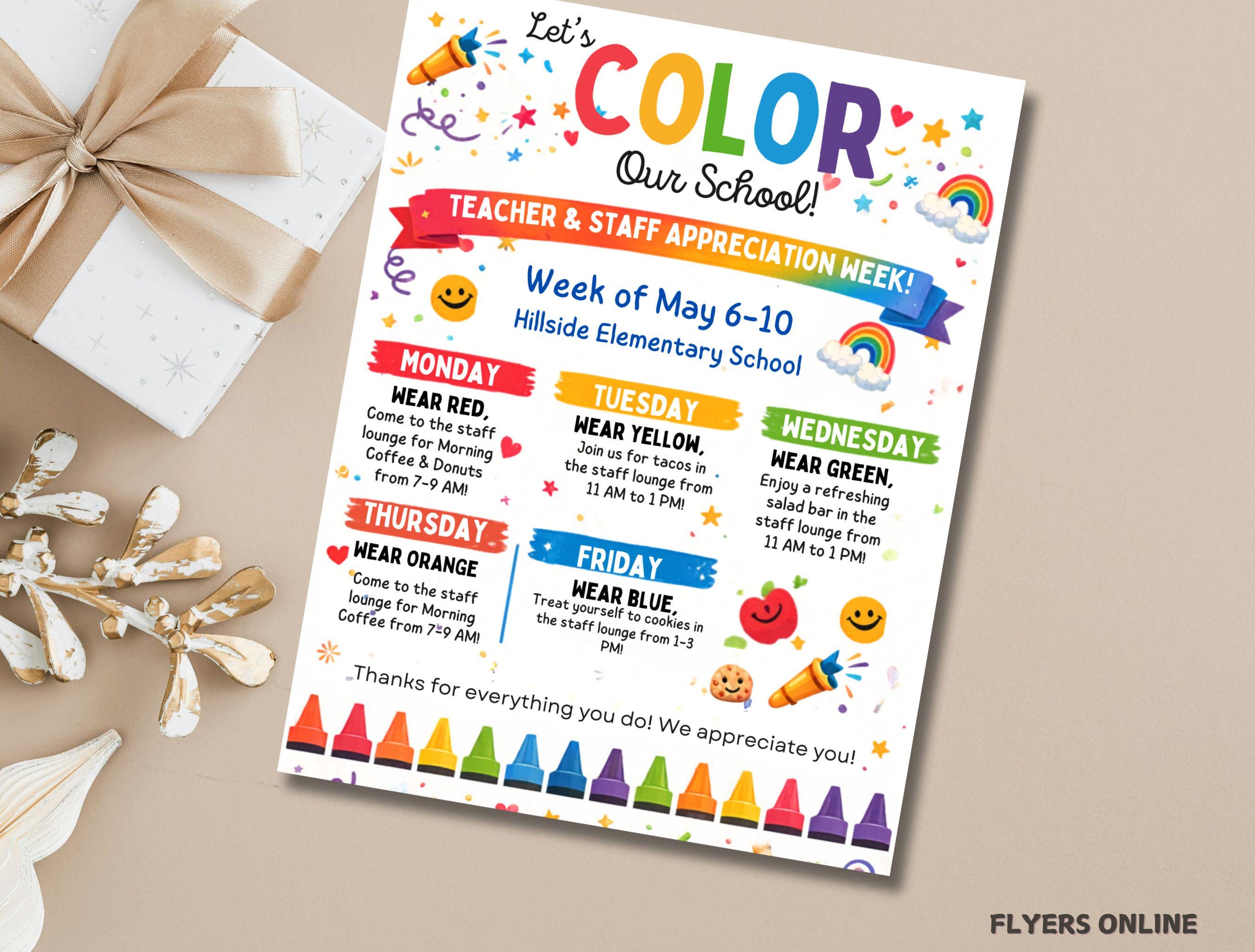 Rainbow Teacher Appreciation Week Itinerary Flyer (canva Tempalte) - Etsy