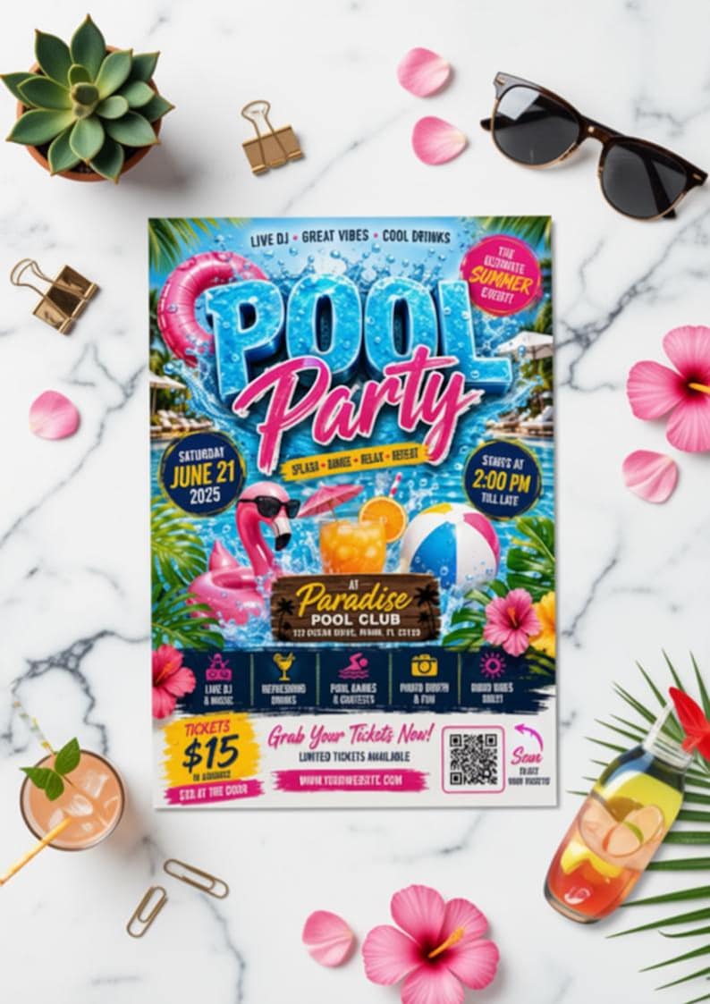 Tropical Pool Party Flyer Template, Summer Event Invitation (canva ...