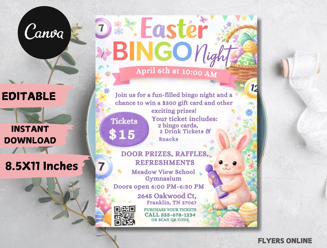 Easter Bingo Night Flyer, Spring Fundraiser, Editable Template (digital ...