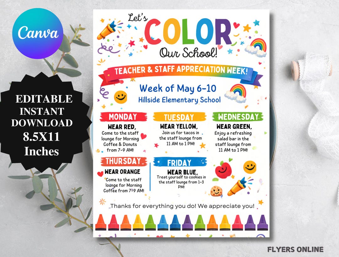 Rainbow Teacher Appreciation Week Itinerary Flyer (canva Tempalte) - Etsy