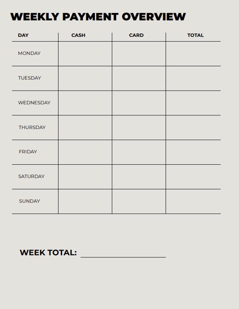 Client Payment Tracker Printable PDF - Daily Cash & Card Log With ...
