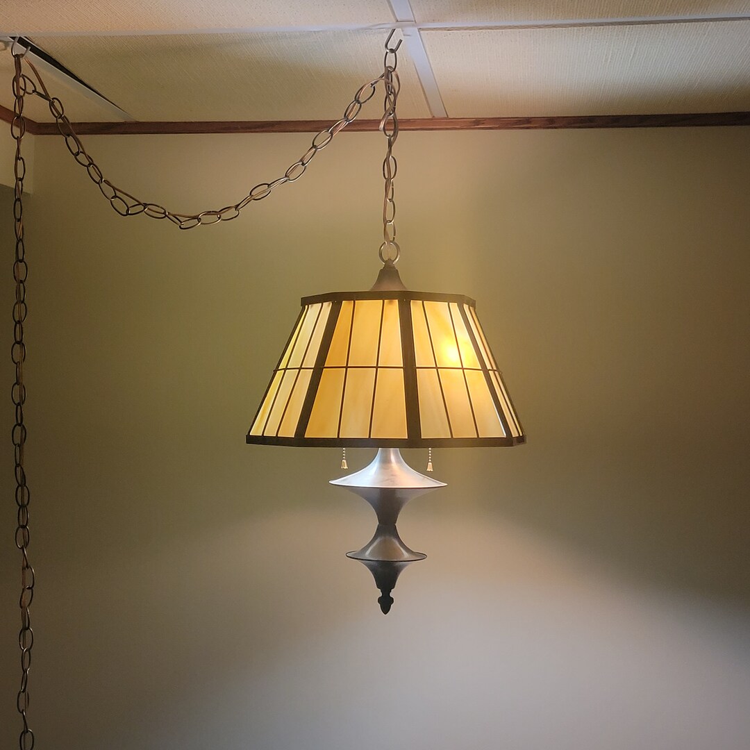 Vintage Slag Glass Swag Hanging Light, Brow & Amber Panels, Copper ...