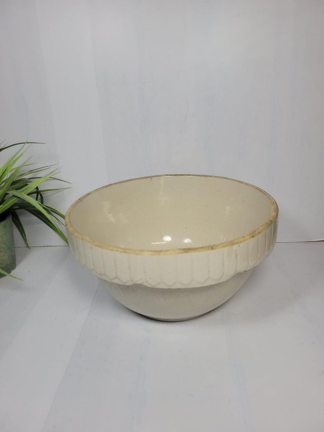 Vintage Crock Bowl Picket Fence Milk Pan Stoneware Mixing Shoulder Bowl ...