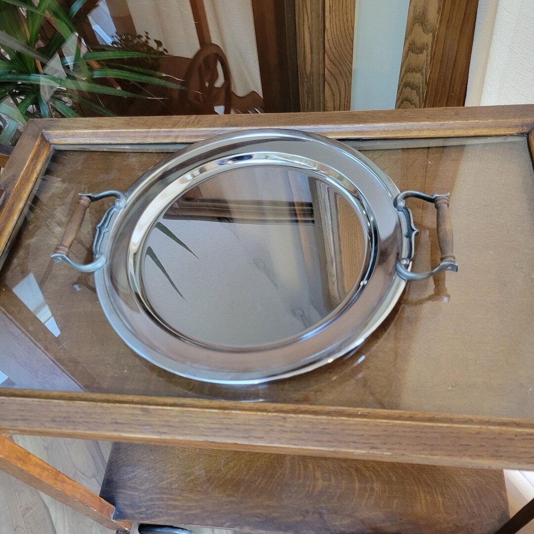Vintage Kromex Serving Tray, Round Chrome Wood Handles Mid Century ...