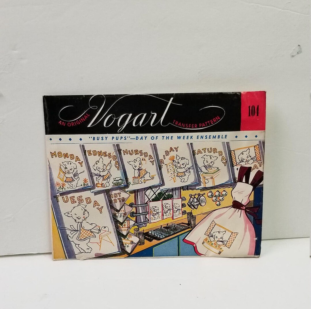 Vintage Embroidery Pattern, Busy Pups Day of the Week, Vogart 104 Uncut ...