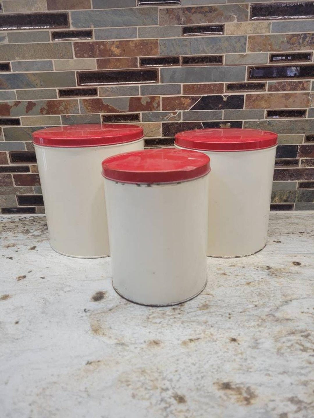 3 Vintage Canisters, Metal Kitchen Tins Red & Cream Farmhouse Primitive ...