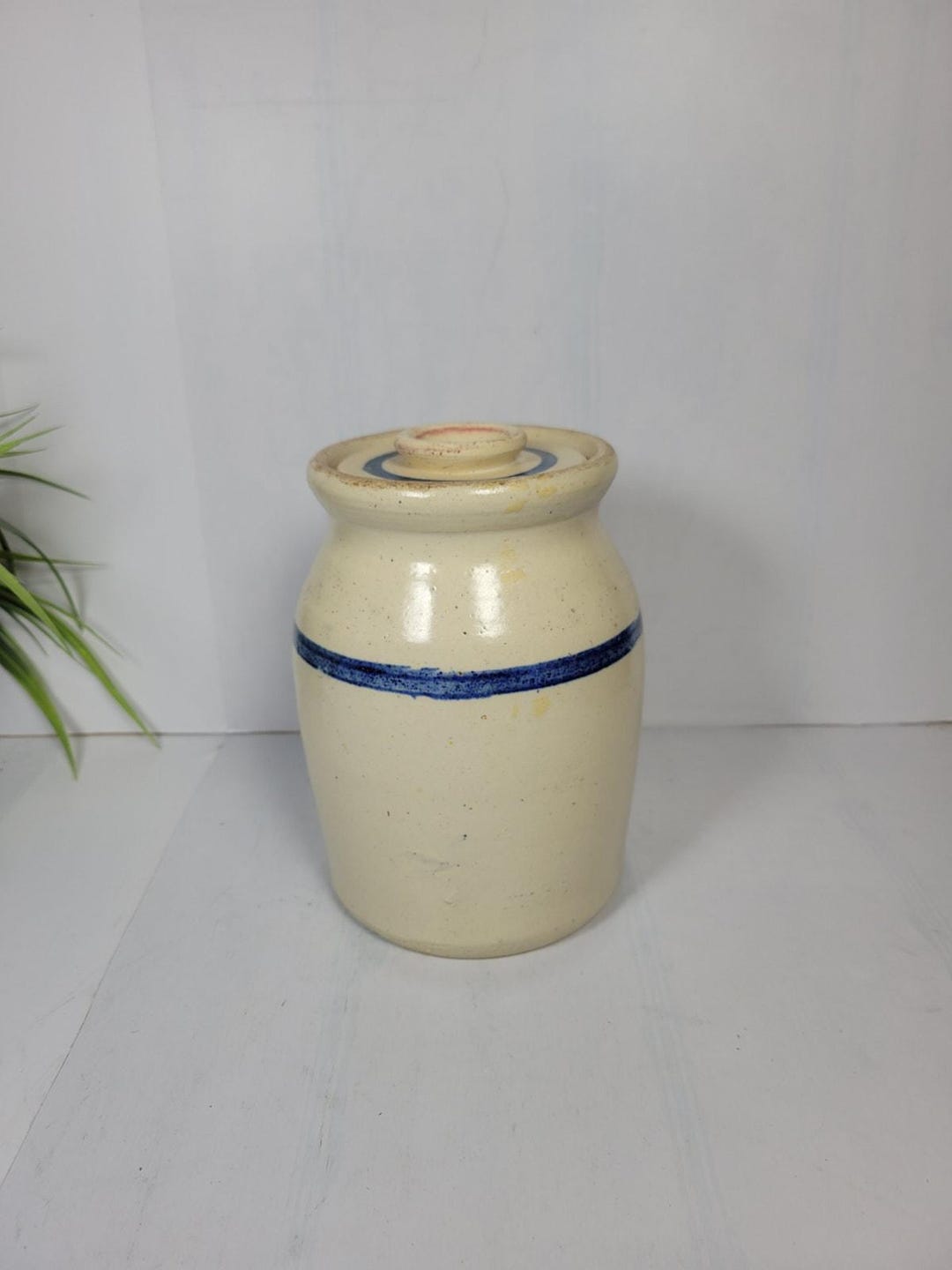 Small Vintage Butter Churn Crock and Lid, Blue Stripe 6-1/2", Farmhouse ...