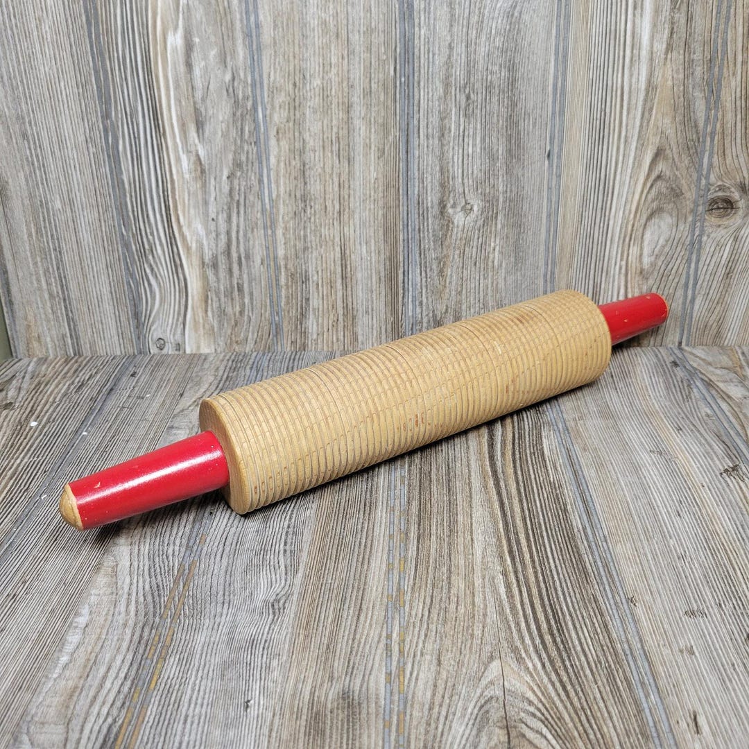 Vintage Wooden Rolling Pin, Red Handled Grooved, Lefse Flatbread Pastry ...