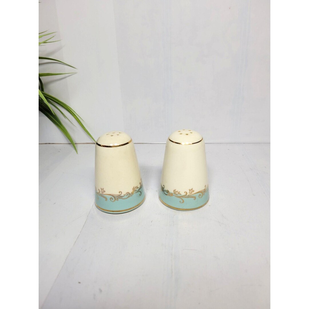 Vintage Lifetime China Gold Crown Salt & Pepper Shakers Aqua and Gold ...