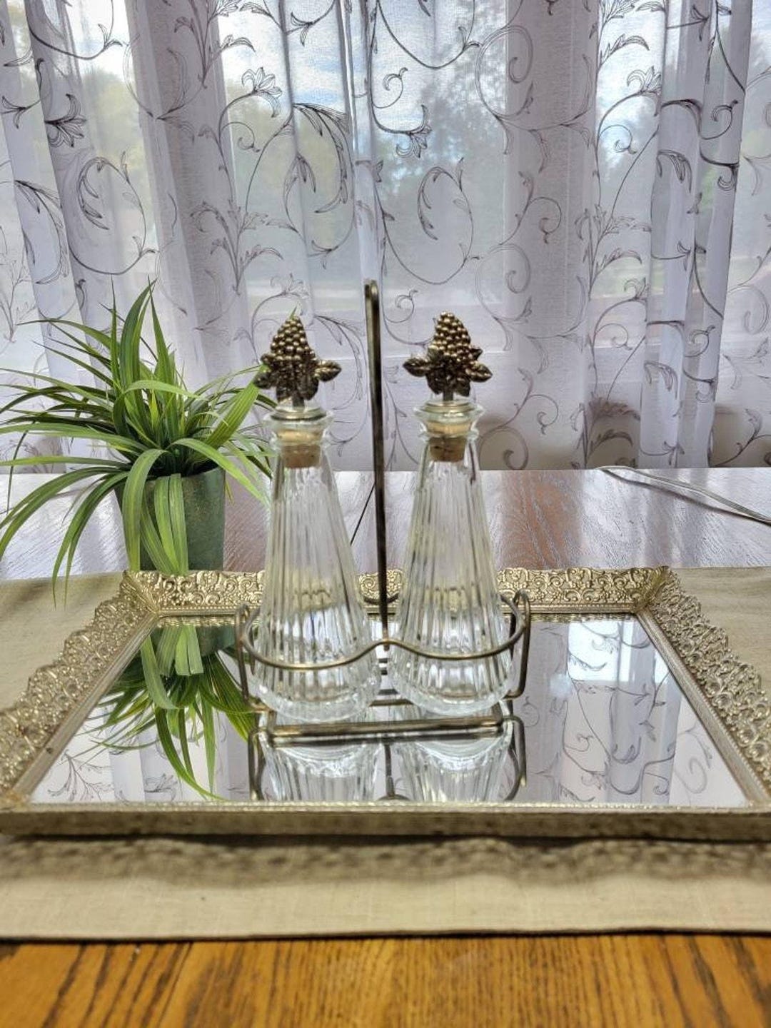 Vintage Mikasa Cruet Set, Oil & Vinegar, Grape Stopper, Silver Plate ...