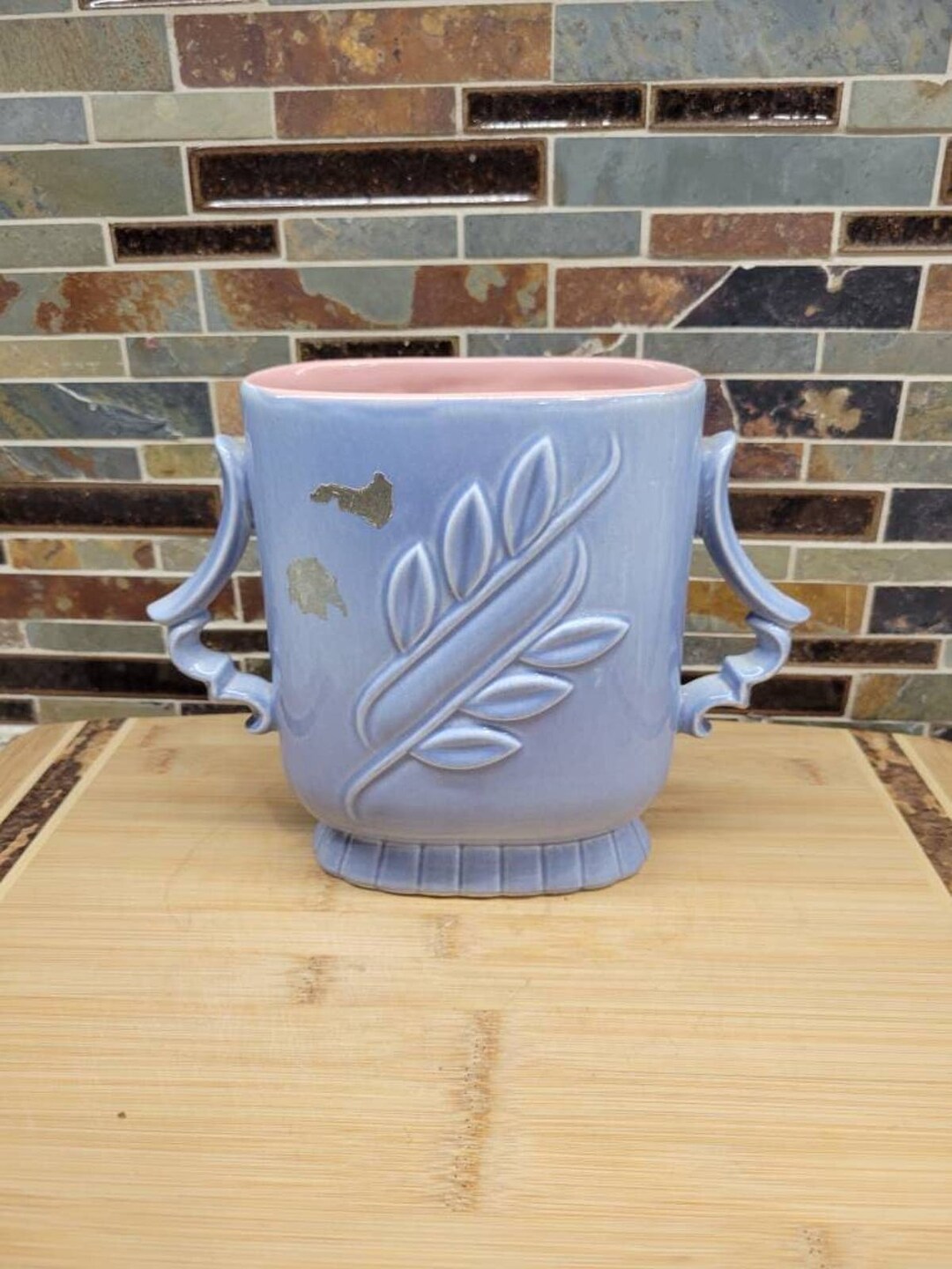 Vintage Red Wing Pottery Vase, Double Handle 1174, Embossed Leaves MCM ...