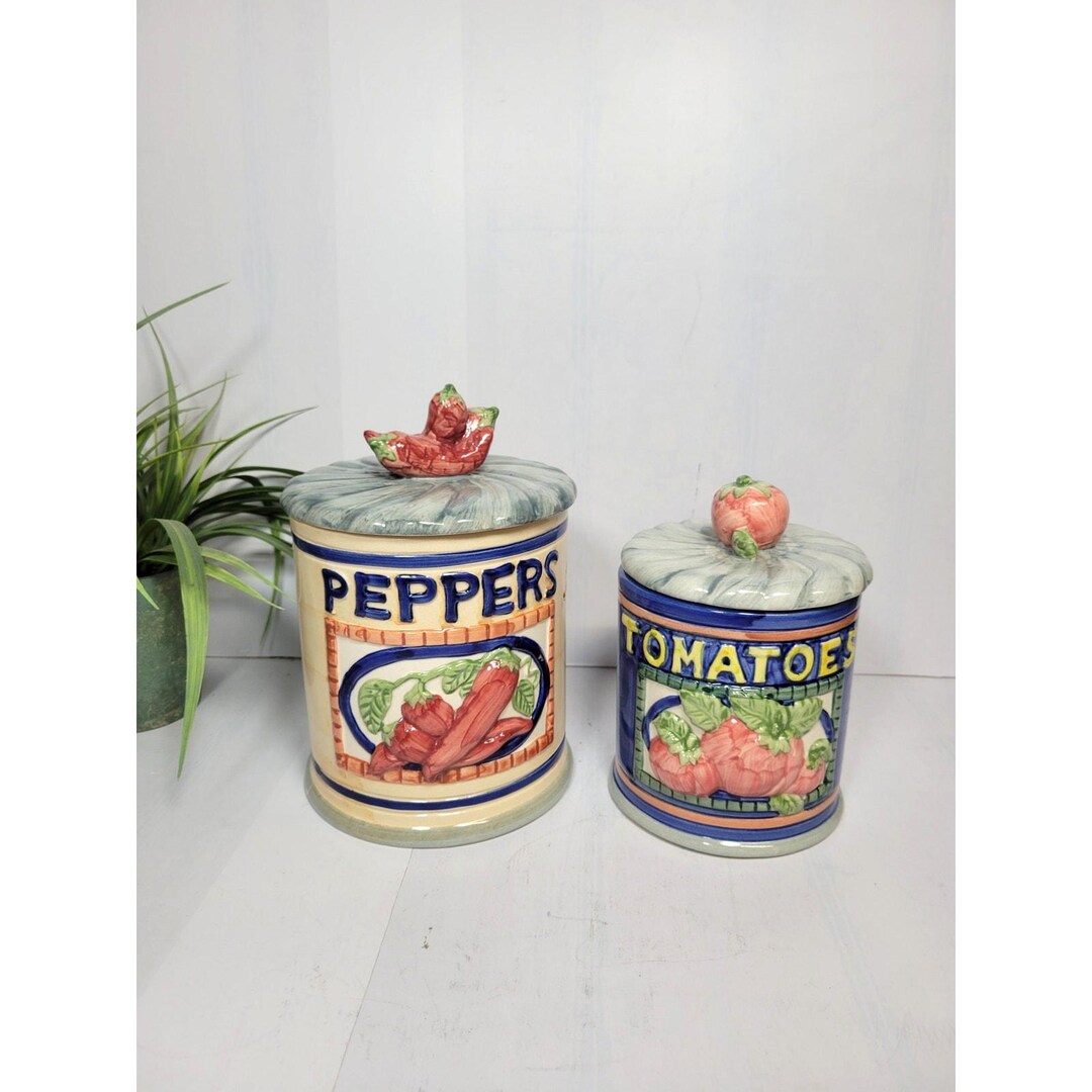 2 Vintage Vegetable Canisters Peppers Tomatoes Ceramic - Etsy