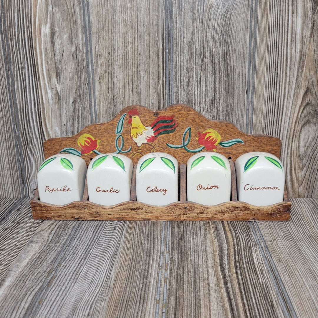 Vintage Wood Spice Rack & 5 Shakers, Wall Hanging or Counter, Rooster ...