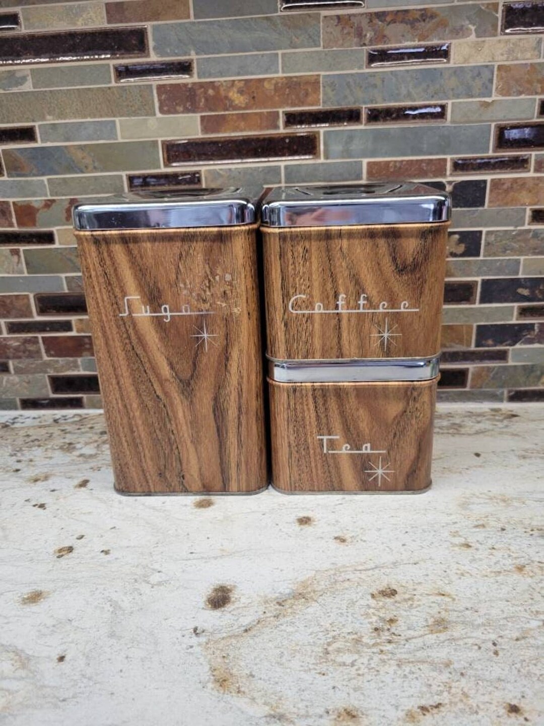 Vintage MCM Canisters, Faux Wood, Chrome Lids, Sugar Tea Coffee - Etsy