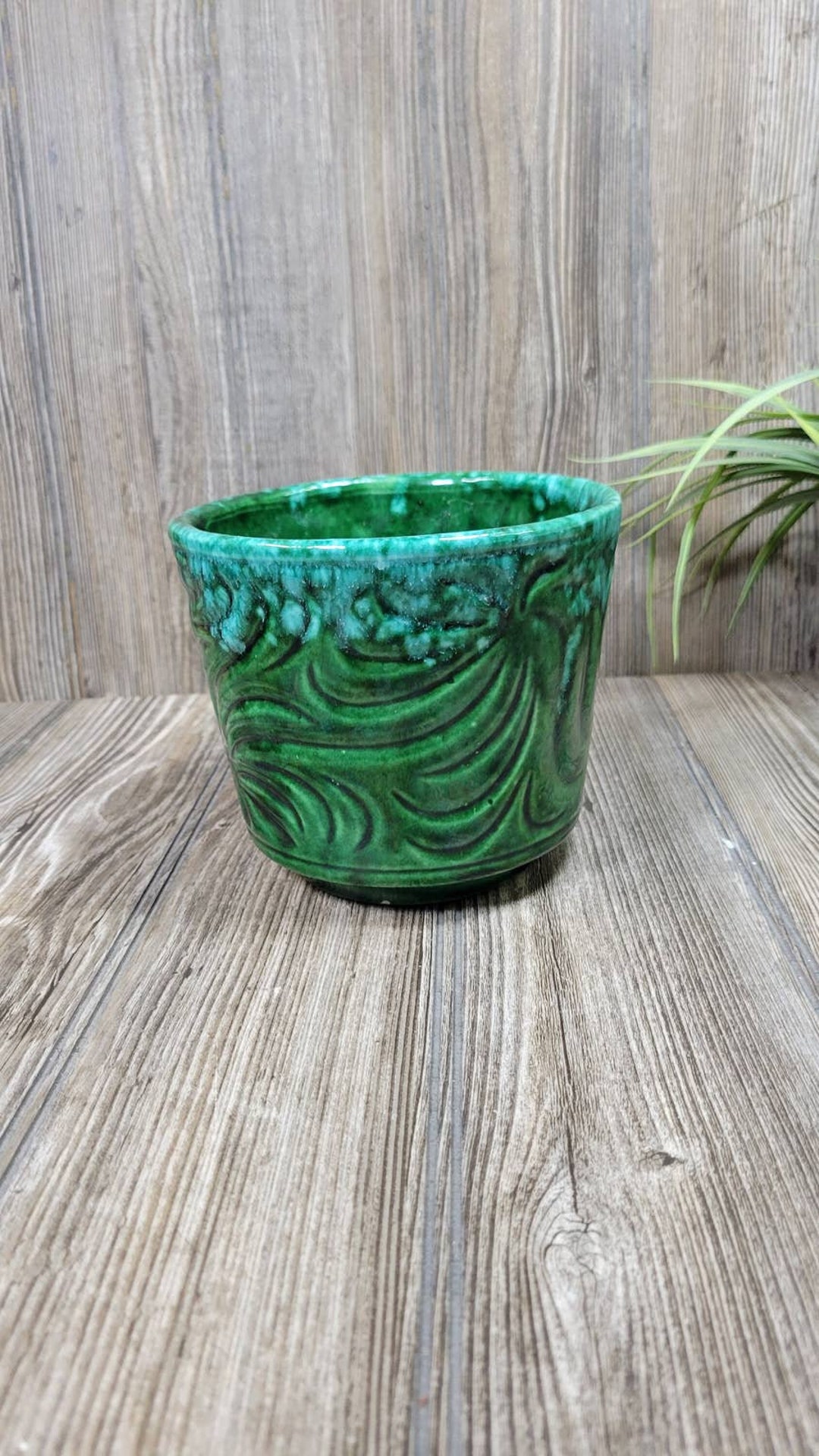 Vintage Green Majolica Style Planter, Pinwheel Design, Drip Edge - Etsy