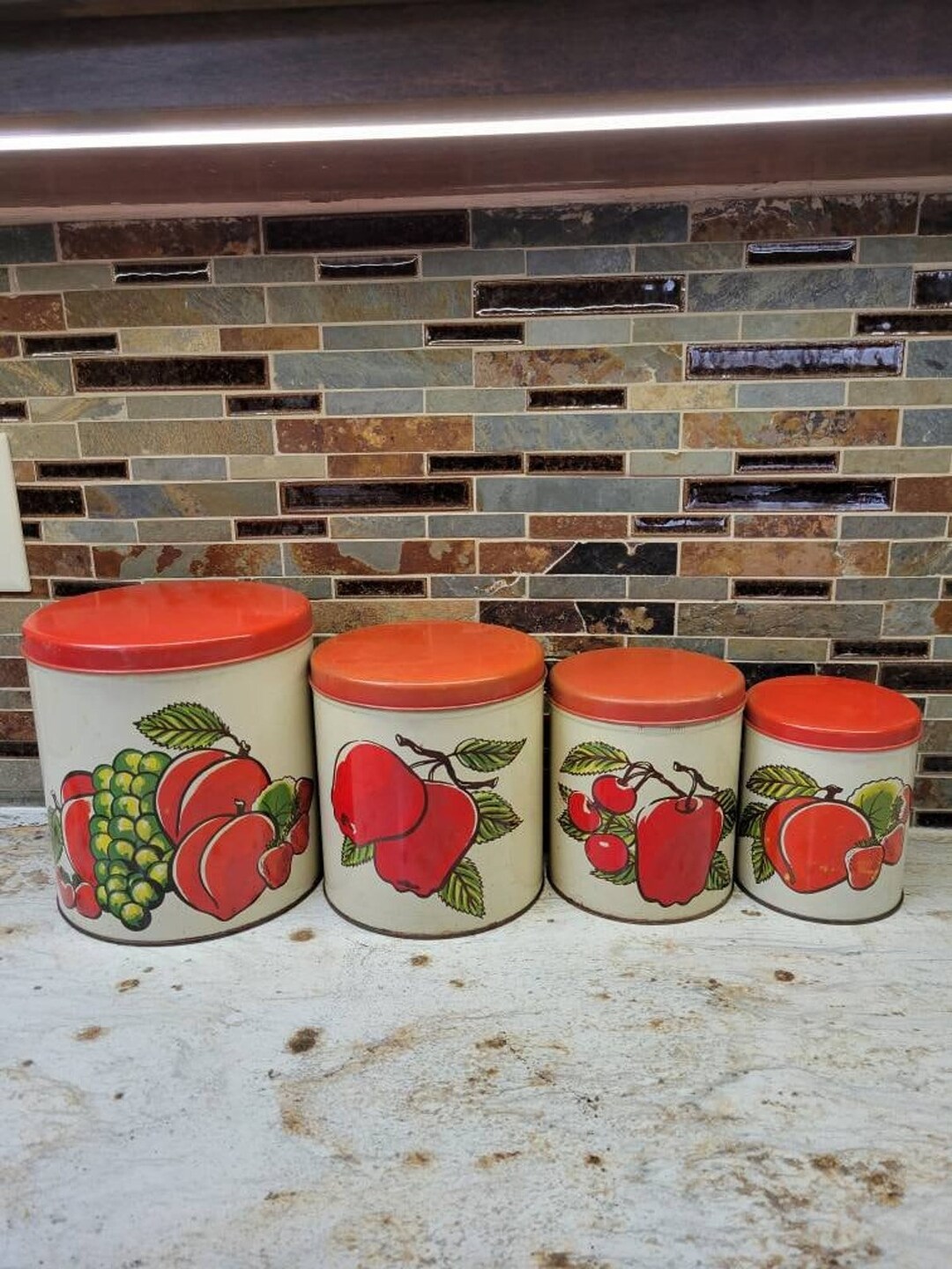 Set of 4 Vintage Ballonoff Canisters, Fruit Design Tin Containers ...