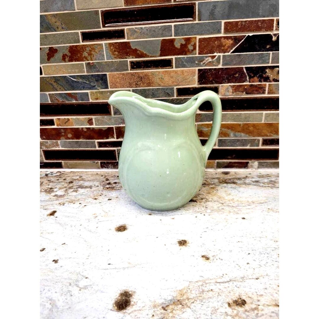 Vintage Milk Pitcher, Green Stoneware, Farmhouse Pottery, Utensil ...