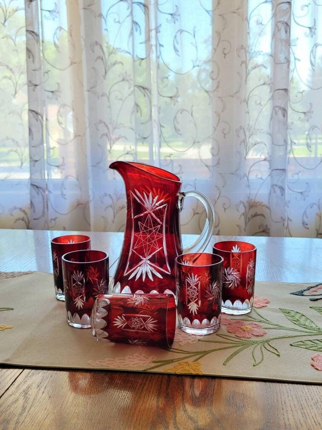 Vintage Bohemian Czech Pitcher & 5 Tumblers, Ruby Red Glass Cut to ...