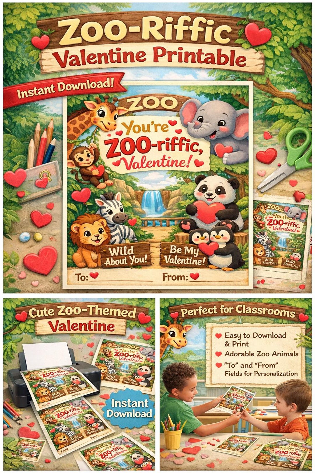 Zoo Valentine Bundle for Kids | Printable Classroom Valentines ...