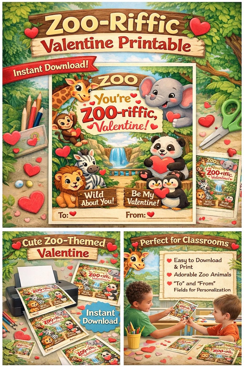 Zoo Valentine Bundle for Kids | Printable Classroom Valentines ...