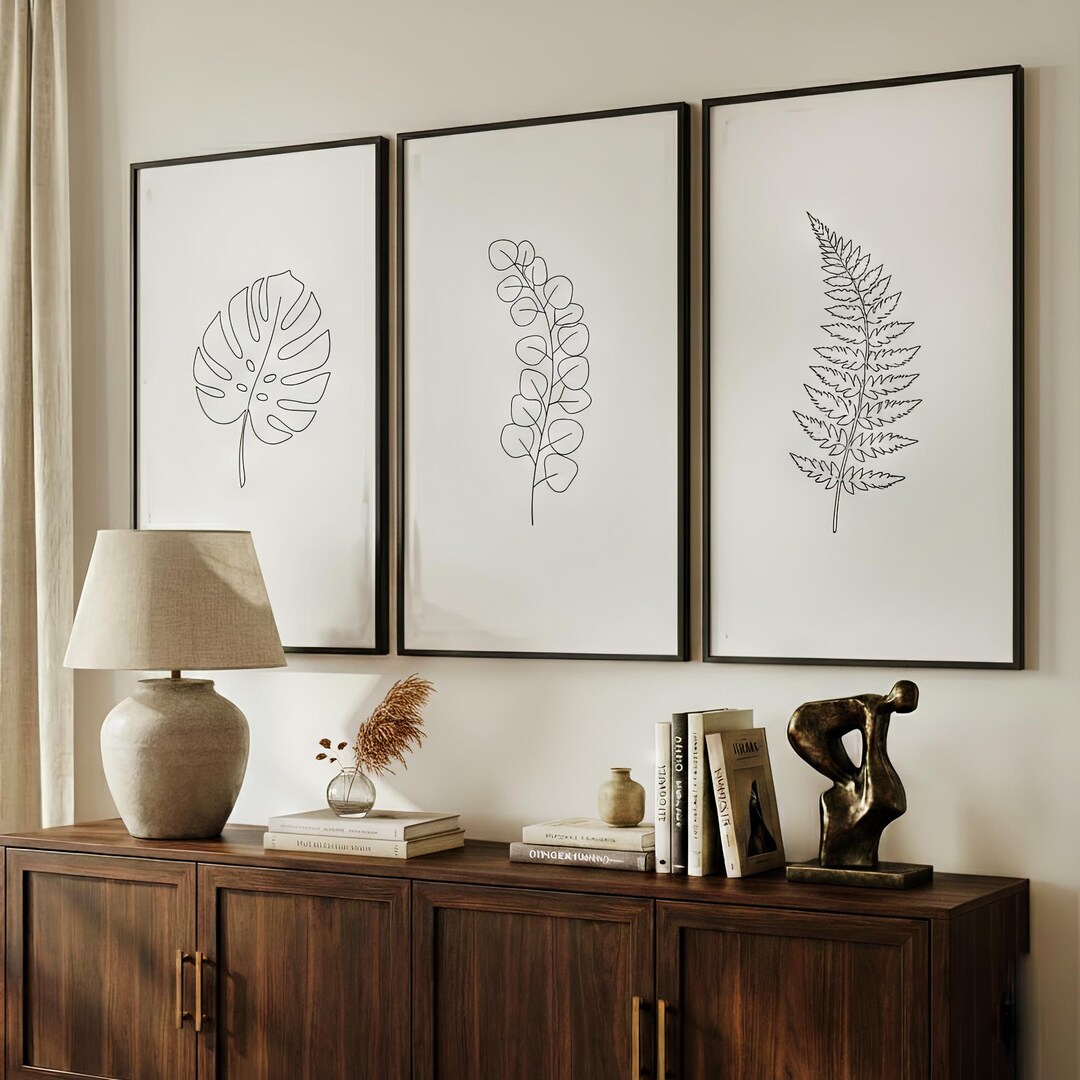 Minimalist Botanical Wall Art Set of 3 Prints, Neutral Line Art Leaves ...