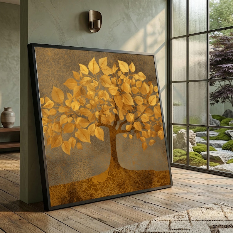 Golden Leaves Tree Canvas, Elegant Autumn Wall Art, Nature Inspired ...