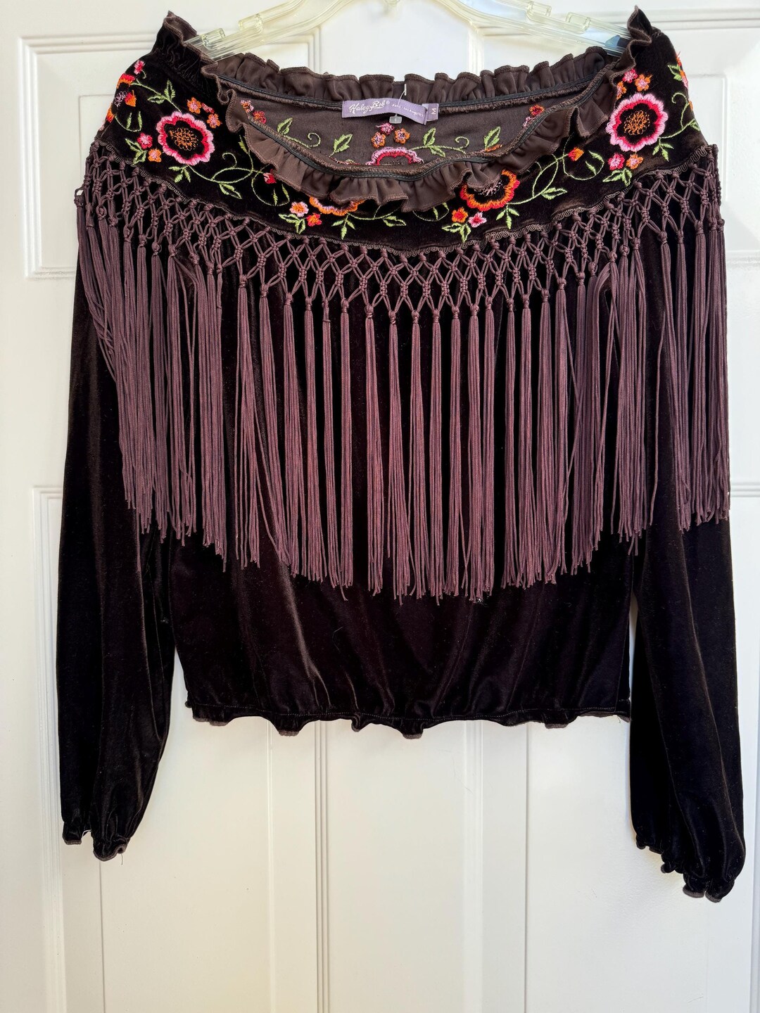 Vintage Brown Velveteen Fringed and Embroidered Top With Elasticized ...