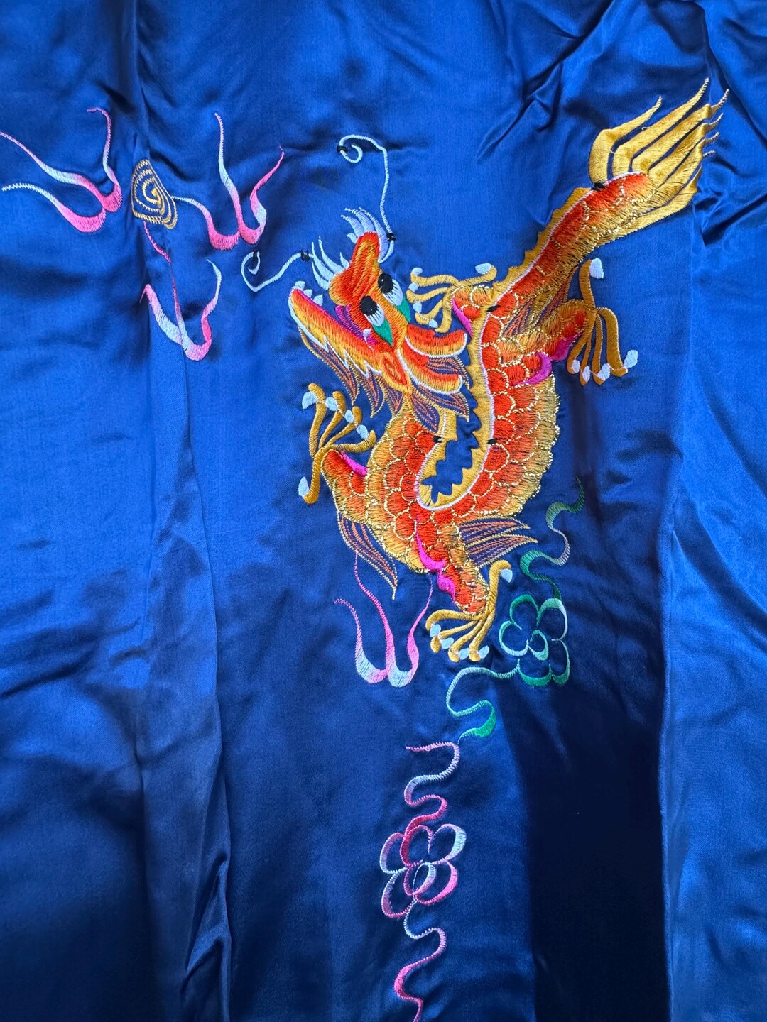 Vintage Royal Blue Satin Hand Embroidered Dragon Robe, SZ L Never Worn ...