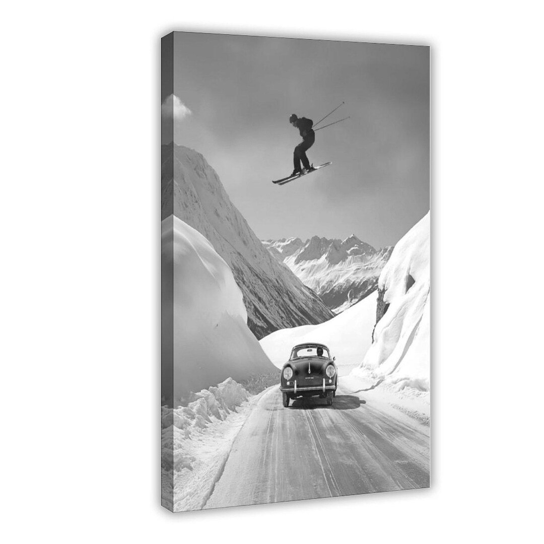 Vintage Ski Jump Canvas Print, Retro Car Snowy Mountain Pass Wall Art ...
