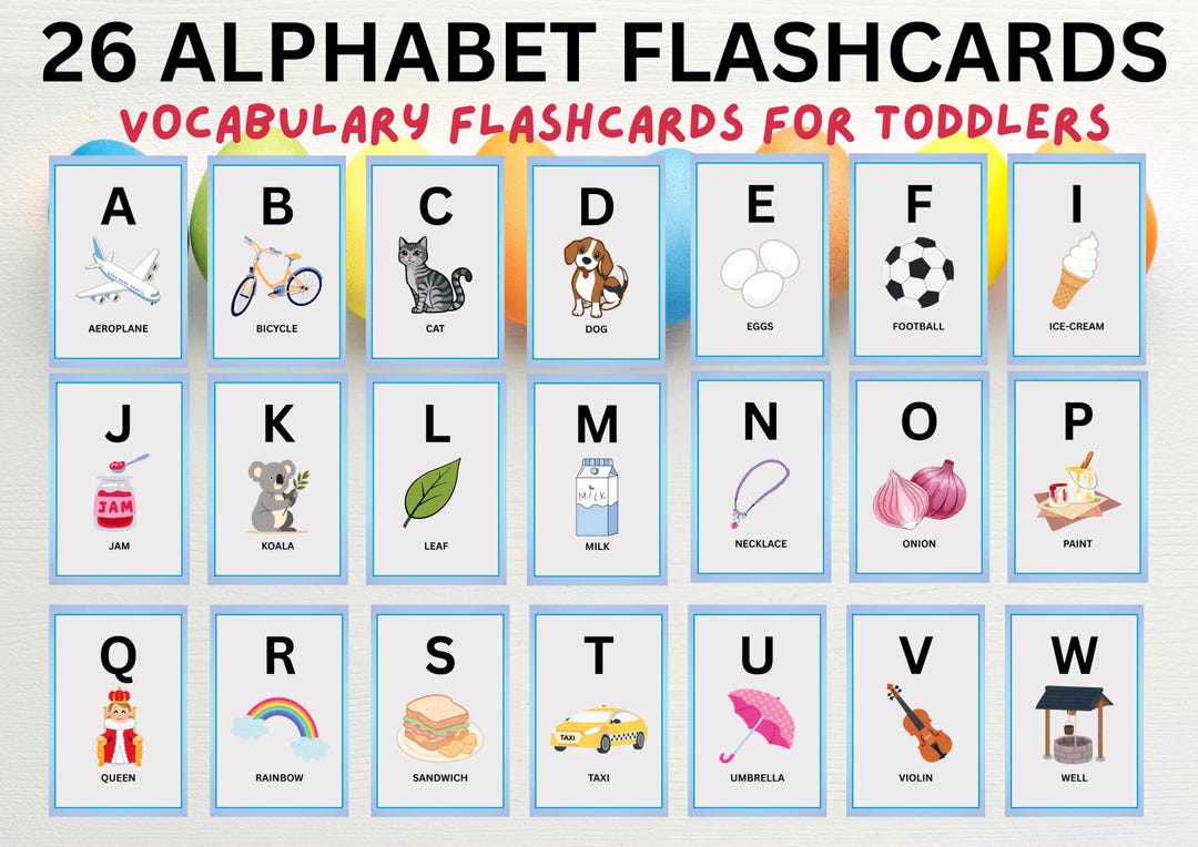 Alphabet Vocabulary Flashcards Printable, A-Z Preschool Learning Cards ...