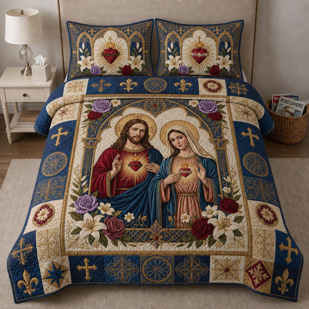 Sacred Heart Jesus and Mary Printed Blanket Set With 2 Pillowcases ...