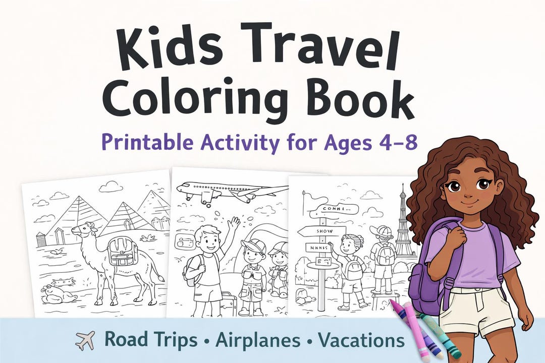 Kids Travel Coloring Book Printable | Airplane & Road Trip Activity for ...
