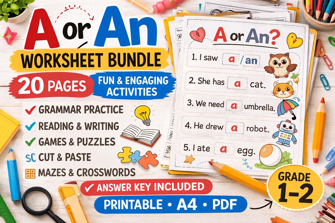 A or an Grammar Worksheets Bundle – Grade 1-2 ESL Activities (PDF) - Etsy