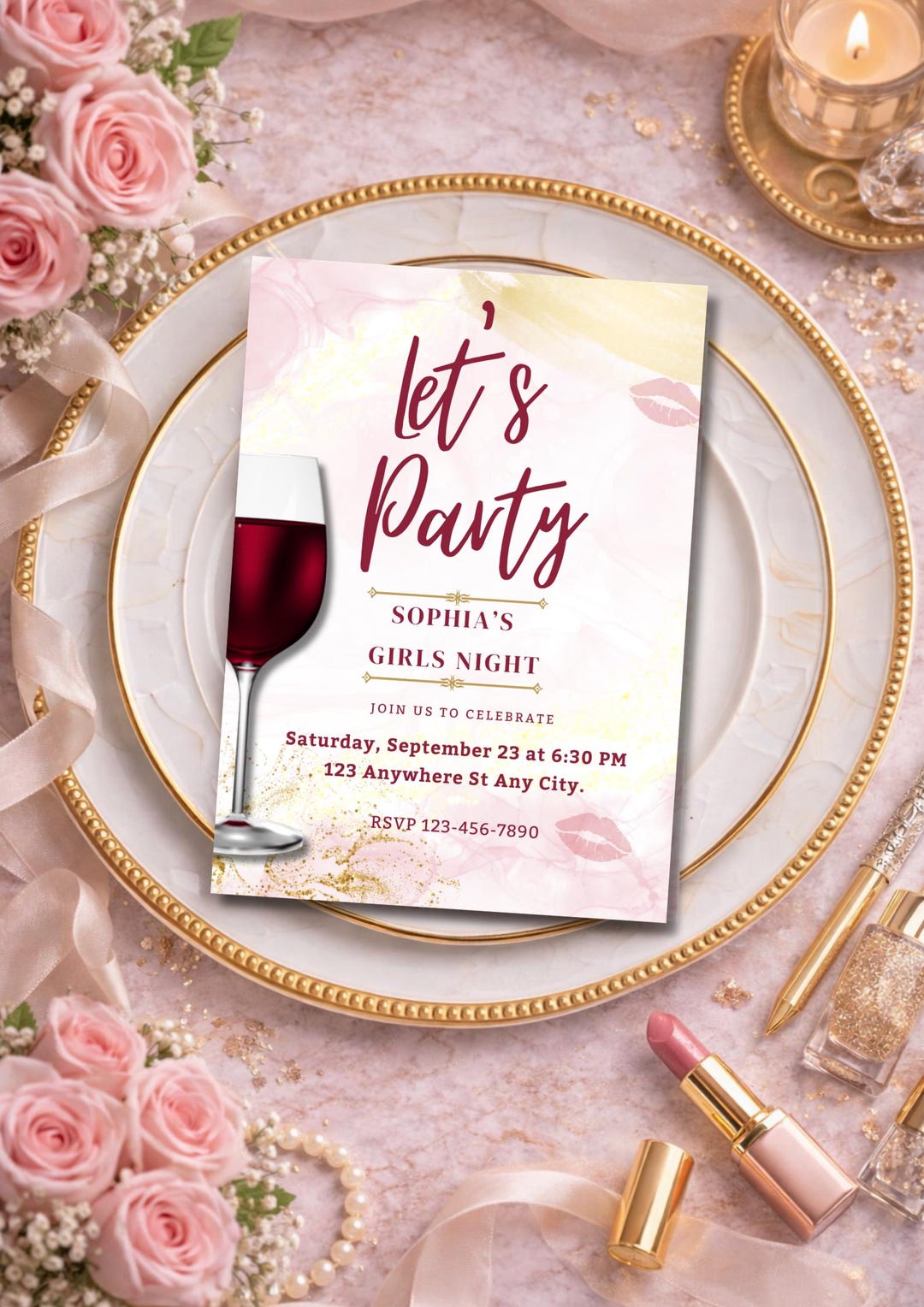 Girls Night Invitation | Pink Glitter Gold Bachelorette Sleepover ...