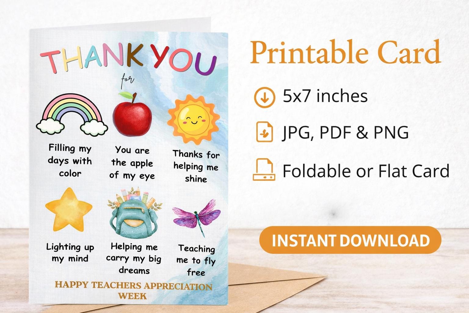 Printable Teacher Thank You Card, Kids Appreciation Gift, Foldable 5x7 ...