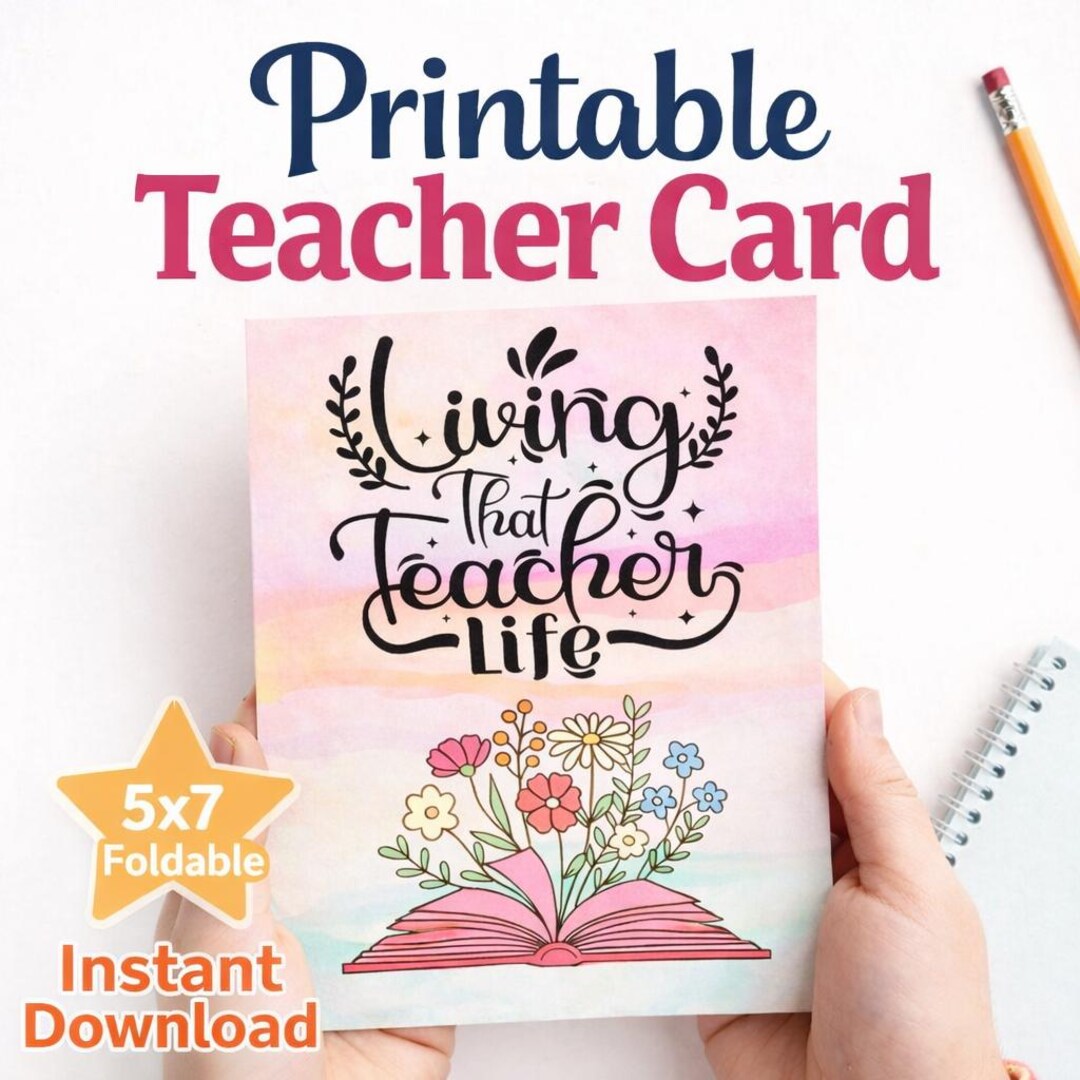 Teacher Appreciation Card Printable, Thank You Teacher Card, 5x7inche ...