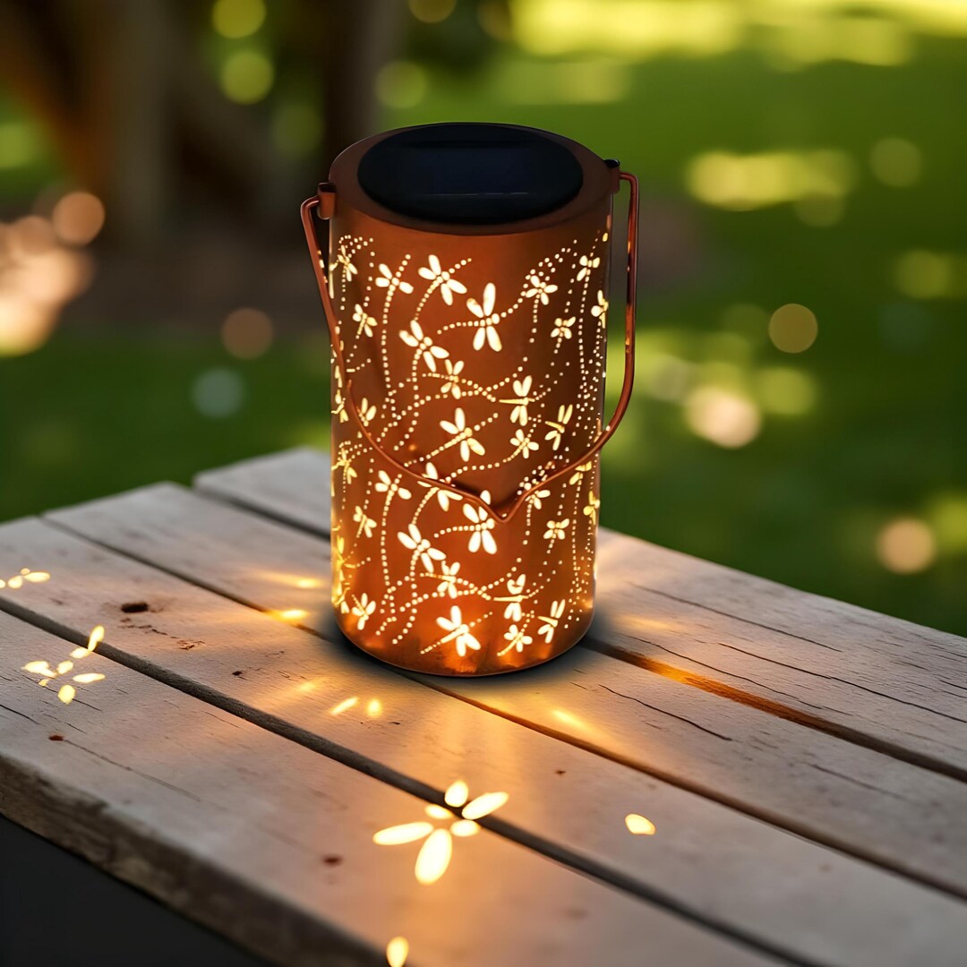 Solar Dragonfly Lantern & Hanging Garden Light, Rustic Metal Patio ...