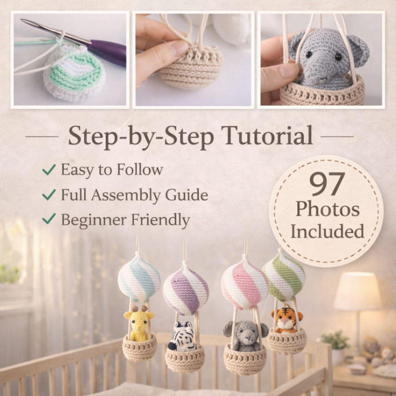 Safari Baby Mobile Crochet Pattern PDF, Amigurumi Crib Mobile, Hot Air ...