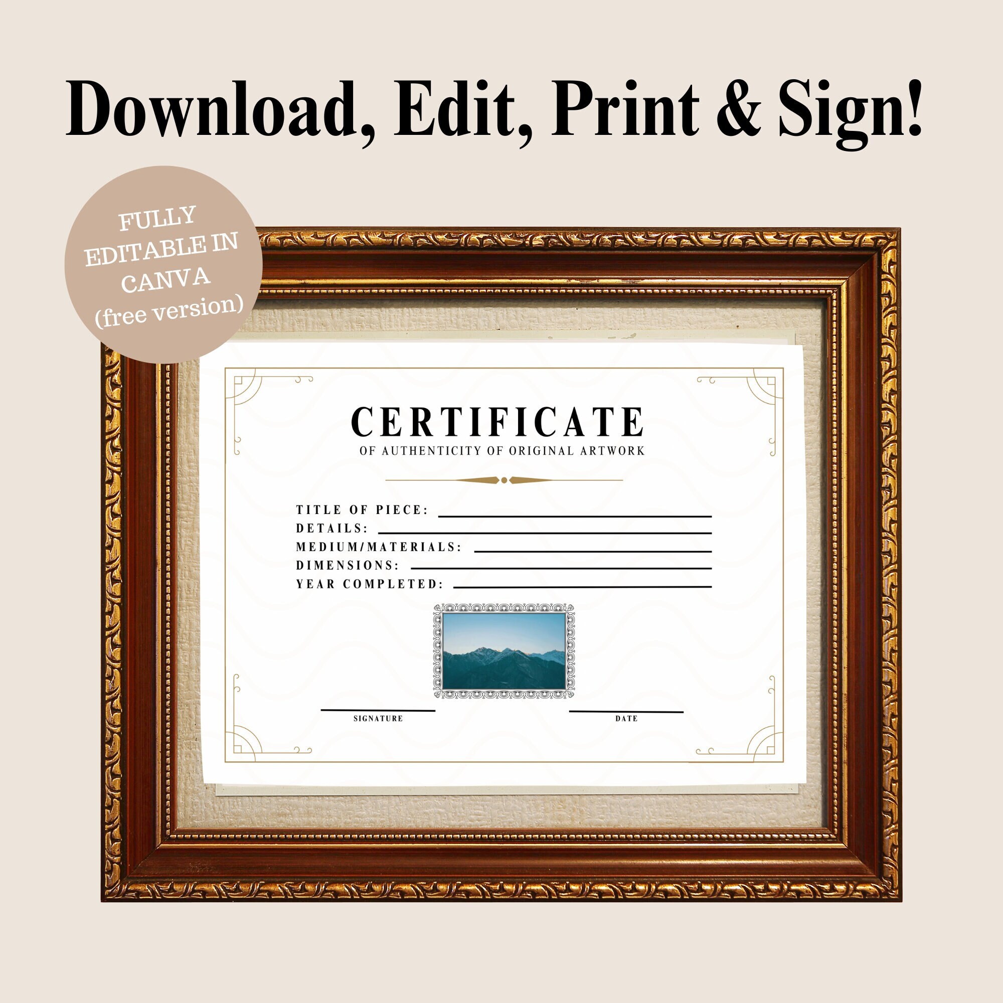 Black&gold Certificate of Authenticity of Artwork Template, 8.5 X 11 ...