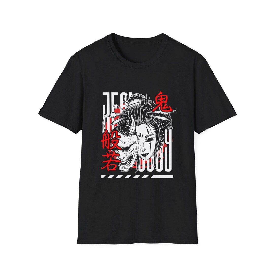 Geisha & Oni Mask T-shirt | Japanese Noh Theater Graphic, Red Kanji - Etsy