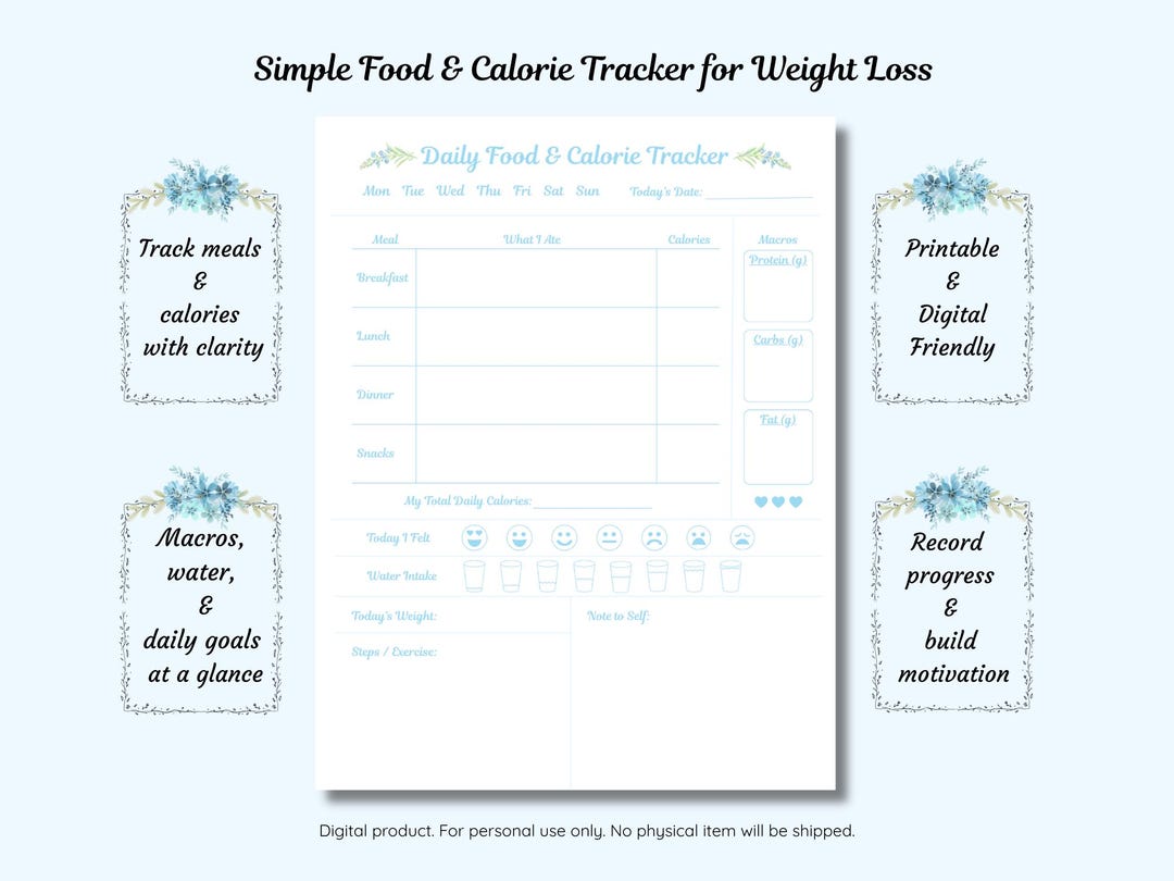 Pastel Blue Calorie Tracker Printable | Food Diary, Meal Planner ...