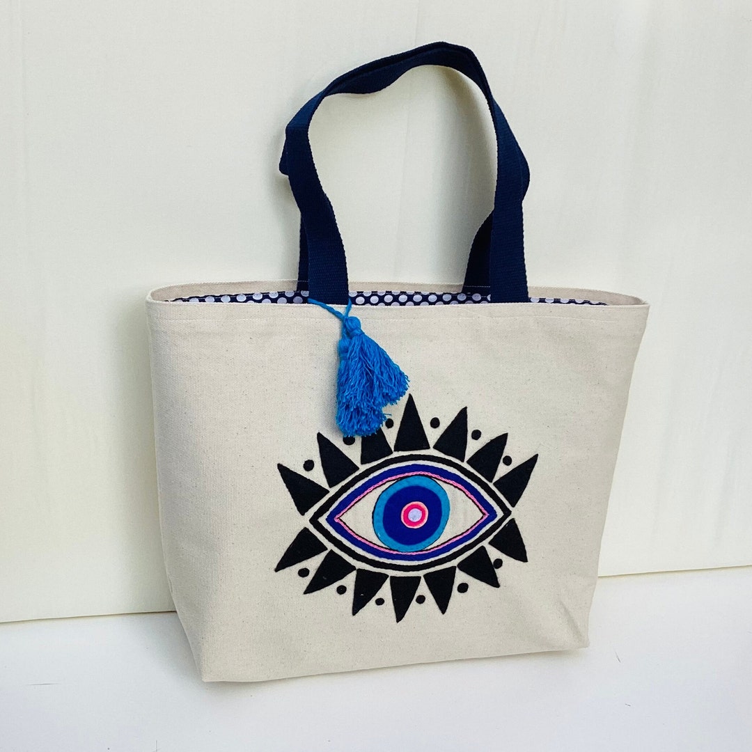Evil Eye Tote Bag, Artisan, Handcrafted, Raw Linen, Hand Embroidered ...