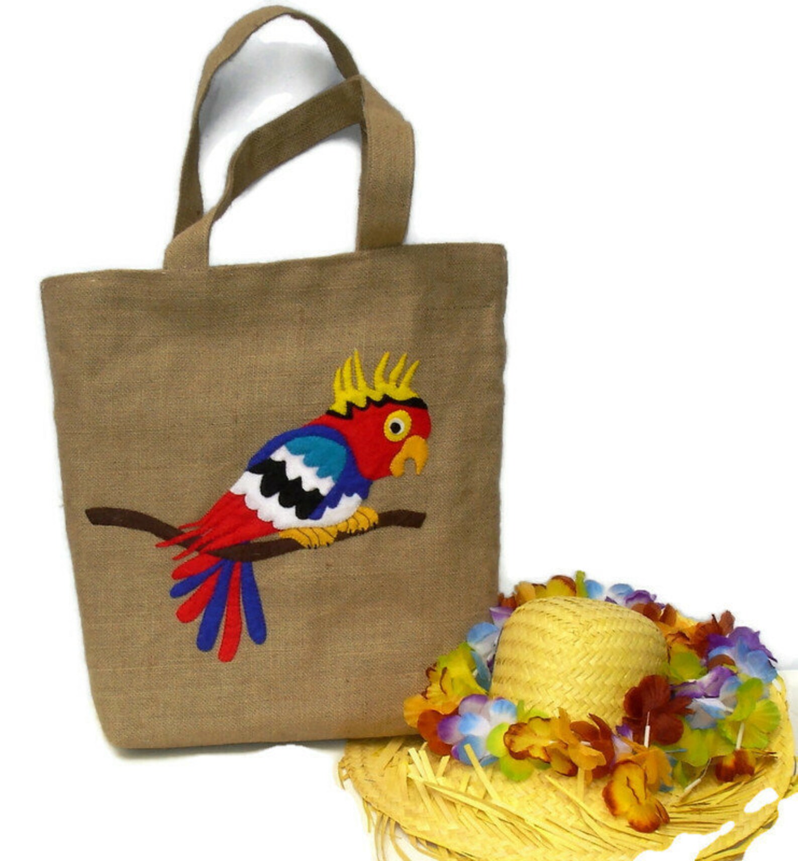 Tropical Parrot Bag, Hand Applique, Handmade Jute Tote Bag, Exotic ...