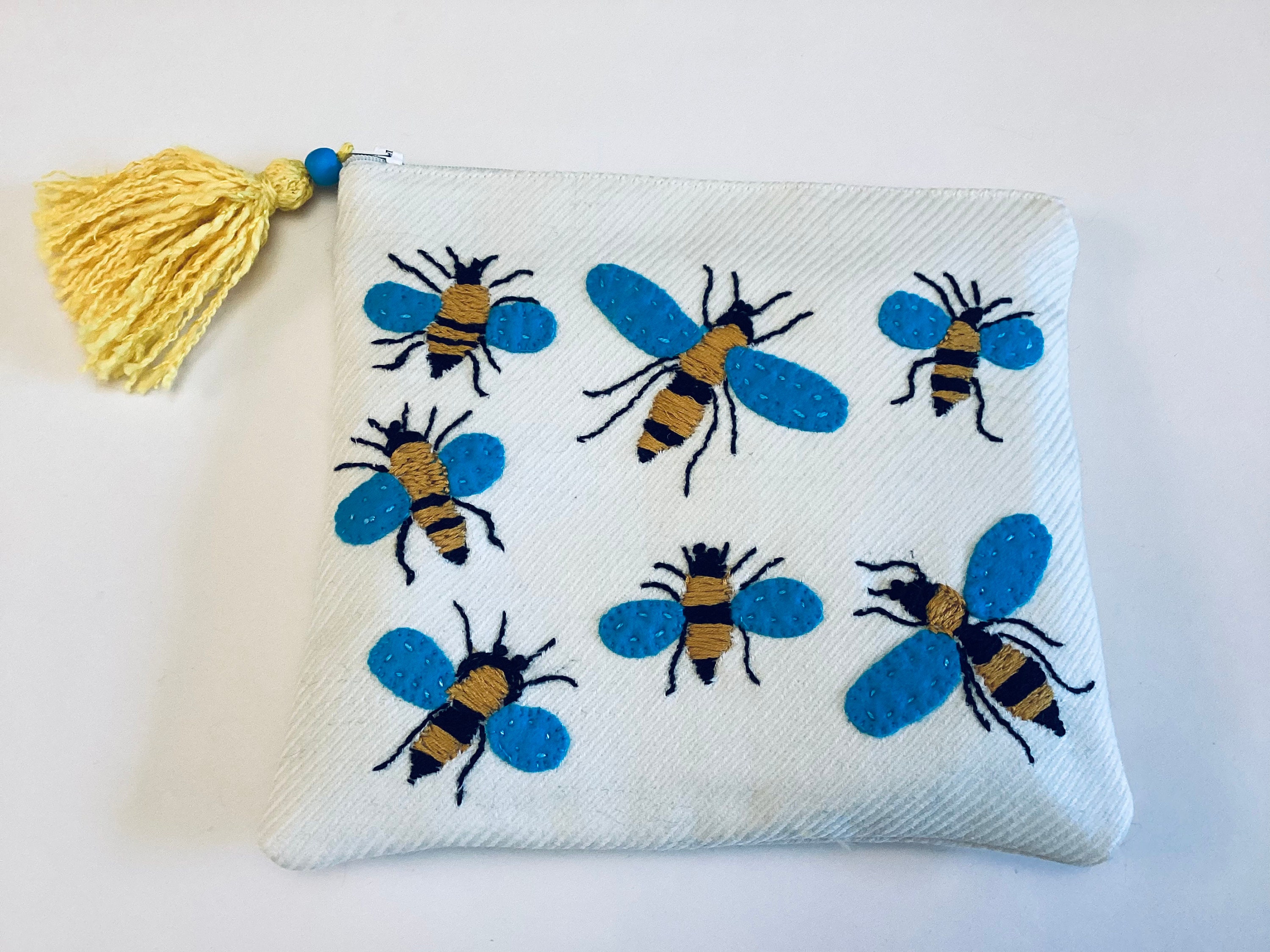 White Wool Pouch Hand Embroidered With Blue Bees Handmade - Etsy