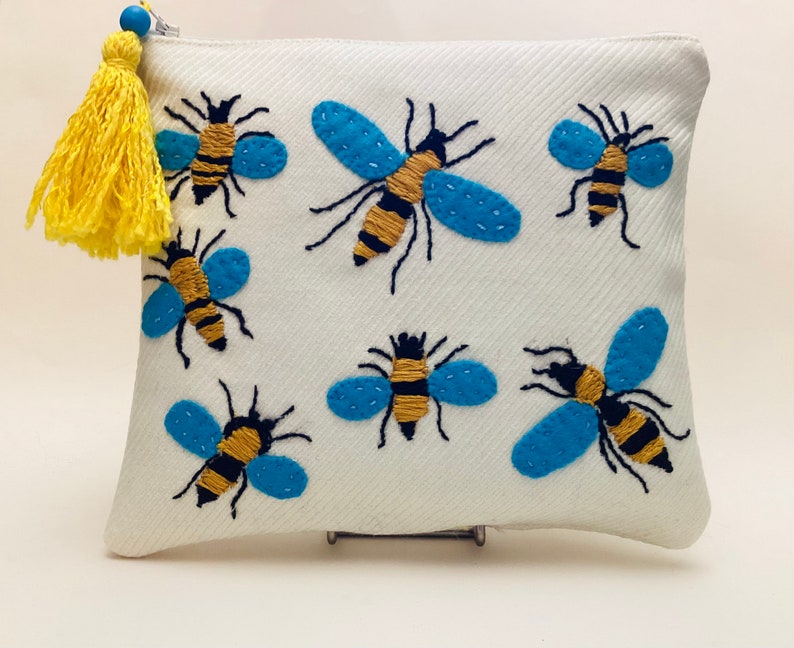 White Wool Pouch Hand Embroidered With Blue Bees Handmade - Etsy