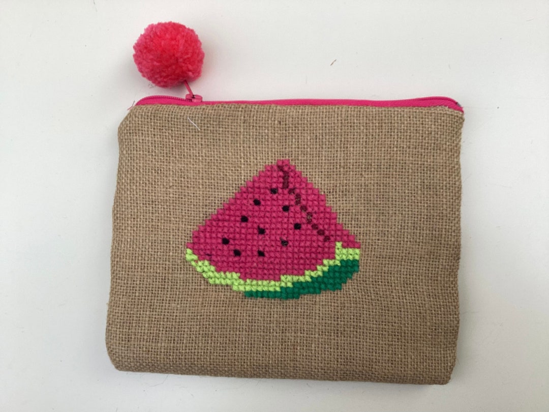 Summer Watermelon Wedge Jute Pouch, Hand Embroidered, Handmade ...