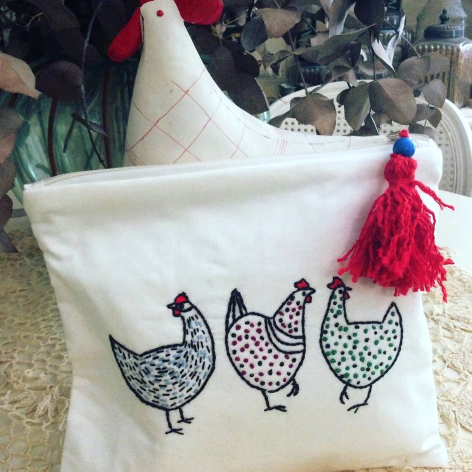 Easter White Cotton Pouch, Hand Embroidered With Chickens, Handmade ...