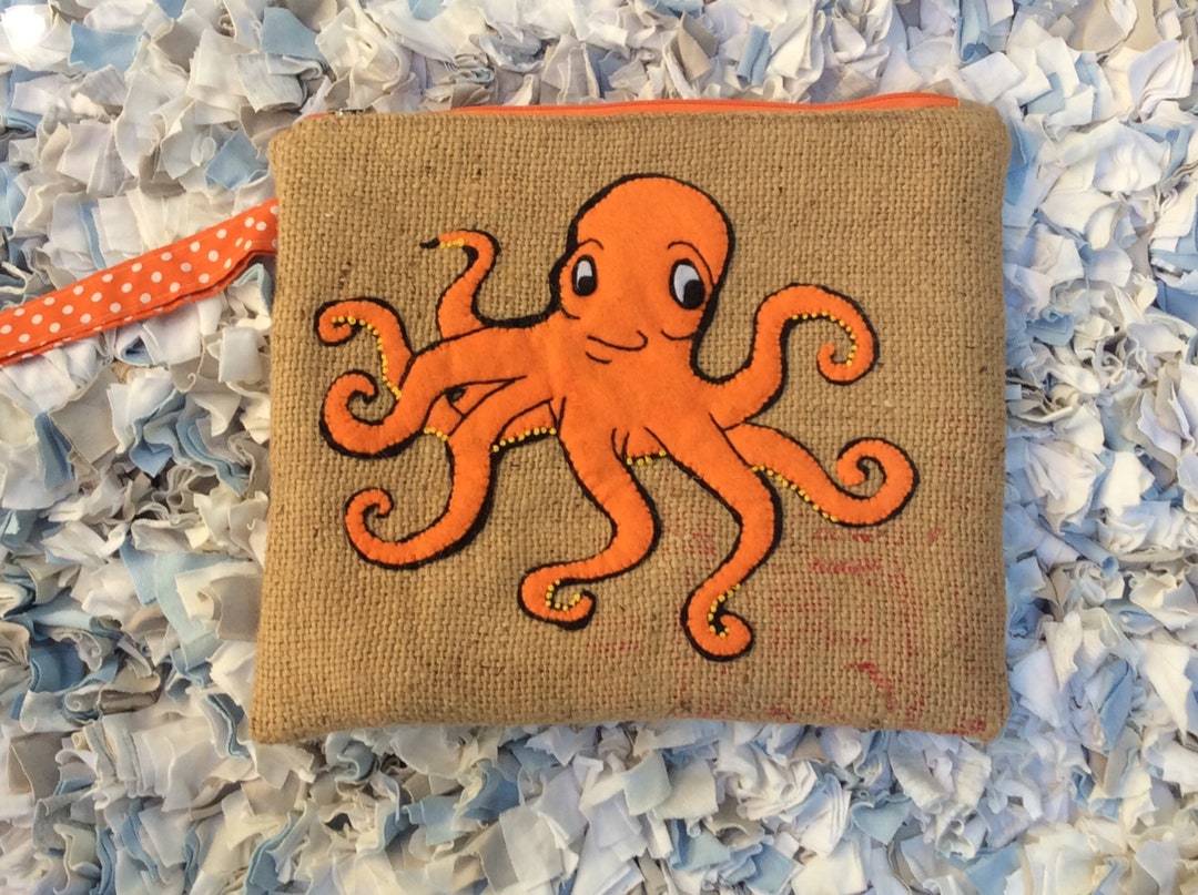 Octopus Hand Appliqué Oversized Pouch on Repurposed Coffee Bean Sack ...