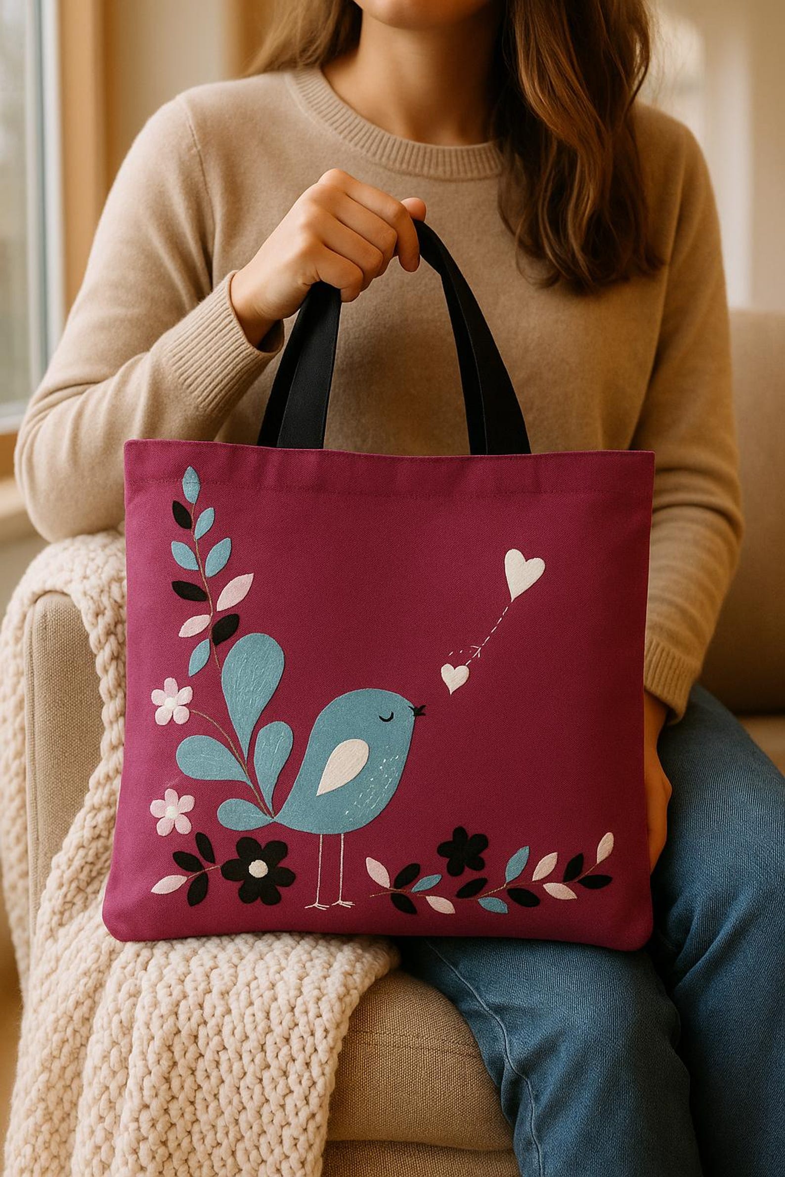 Handcrafted Pink Canvas Tote Bag: Blue Bird Applique, Large Shoulder ...